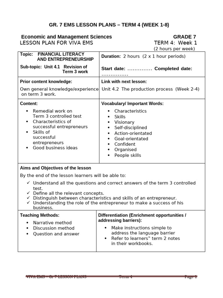 Gr 7 EMS Term 4 Lesson Plans | PDF | Banks | Teaching Method