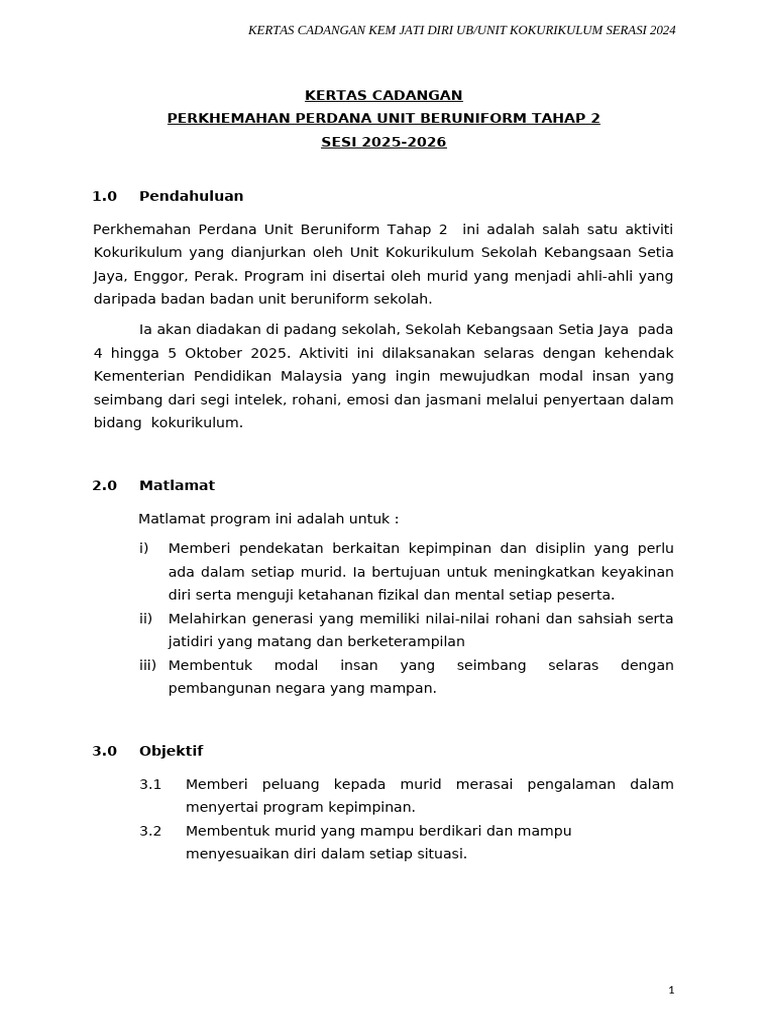 Kertas Kerja Perkhemahan Perdana Unit Beruniform Tahun 2025 | PDF