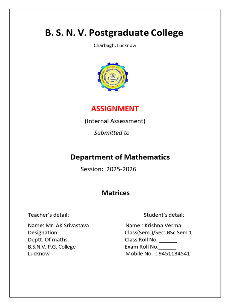 Matrices Assignment for BSc Sem 1 | PDF