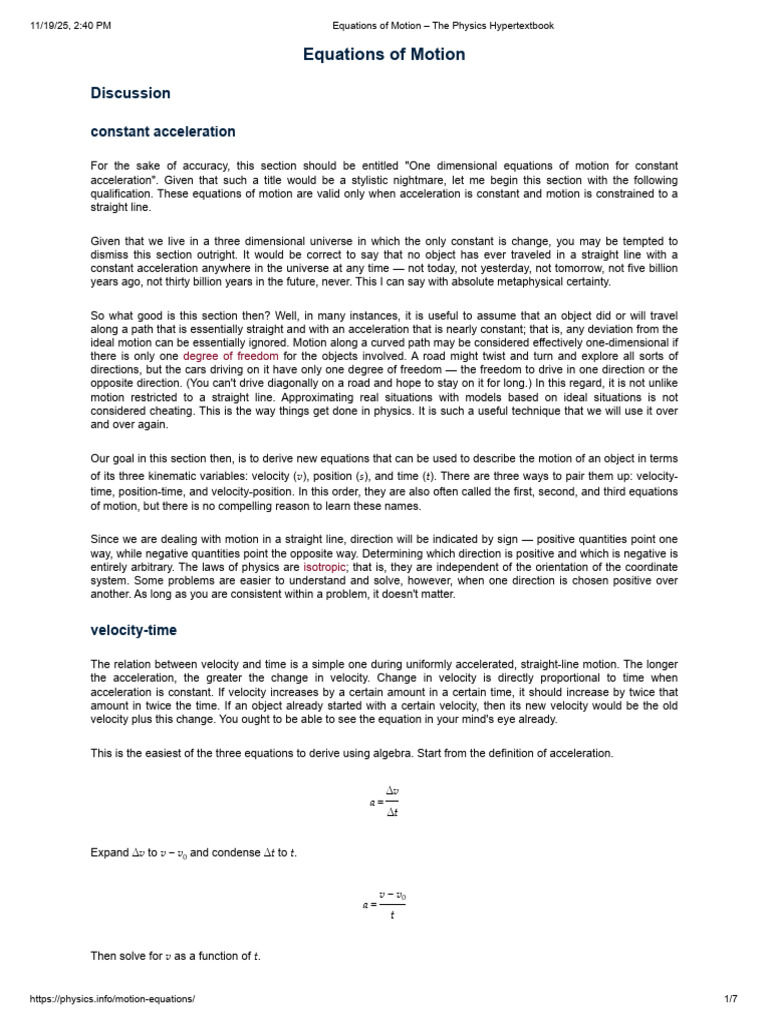 Equations of Motion - The Physics Hypertextbook | PDF | Velocity | Acceleration