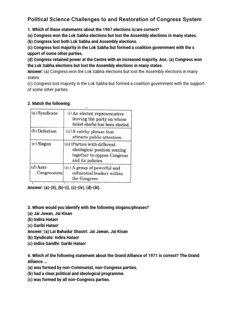 Political Science Challenges To and Restoration of Congress System ...