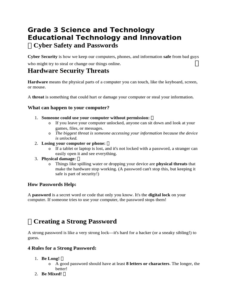Grade 3 Science and Technology - Cyber Safety and Passwords | PDF ...
