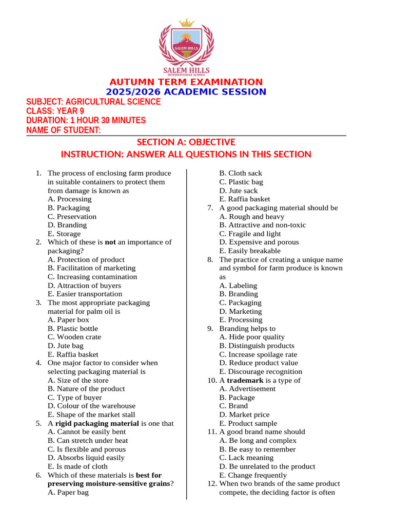 JSS3 Agric Examination Questtions | PDF | Prices | Pricing