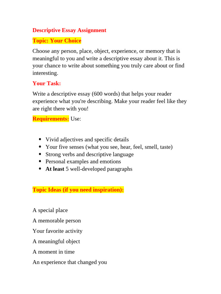 STD 1 Descriptive Essay | PDF