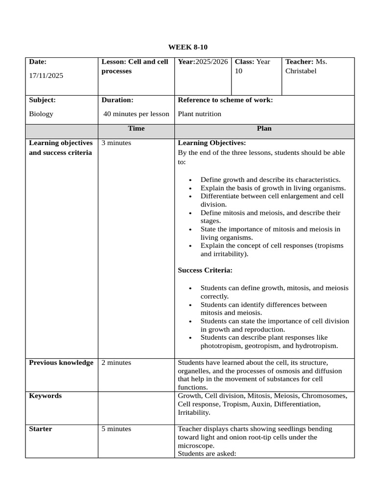 Lesson Plan Biology Week 8-10 | PDF | Cell Growth | Mitosis