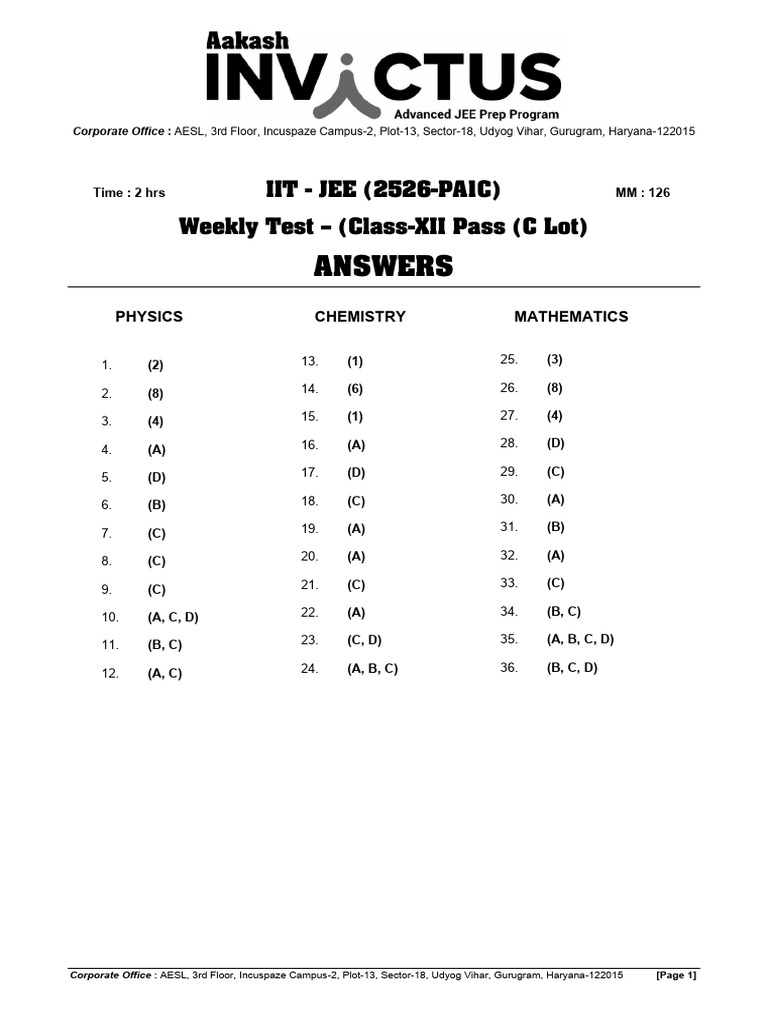 IIT JEE Weekly Test Answers 2023 | PDF