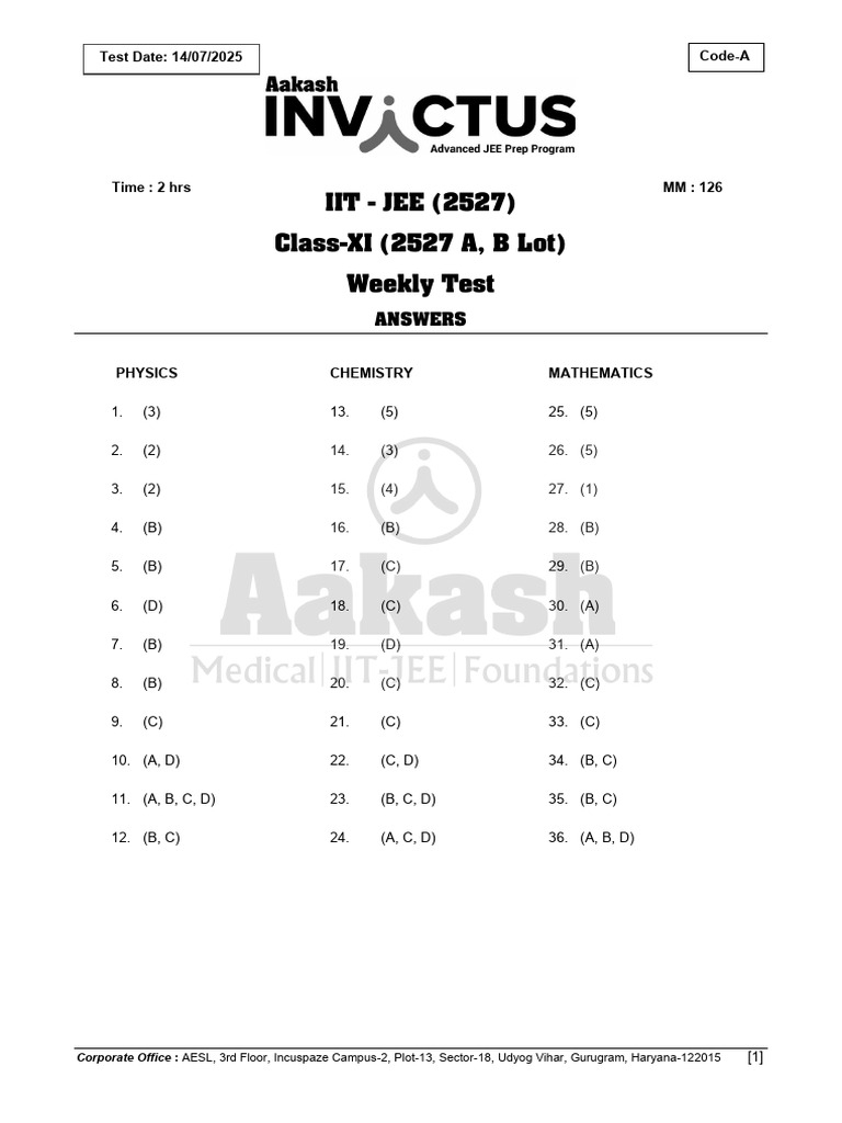 Weekly Test C XI (a, B Lot) PCM (14!07!2025)_Sol. | PDF