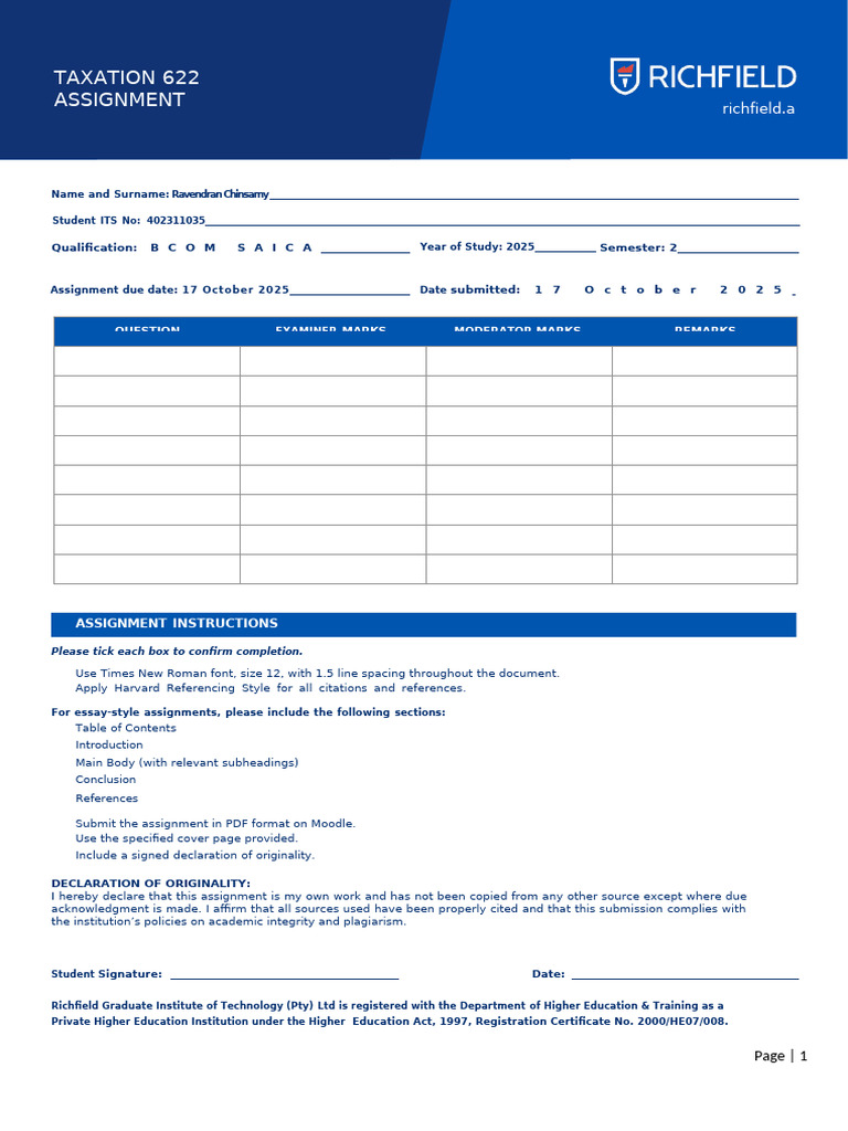 Taxation 622 Assignment | PDF | Taxes | Tax Deduction