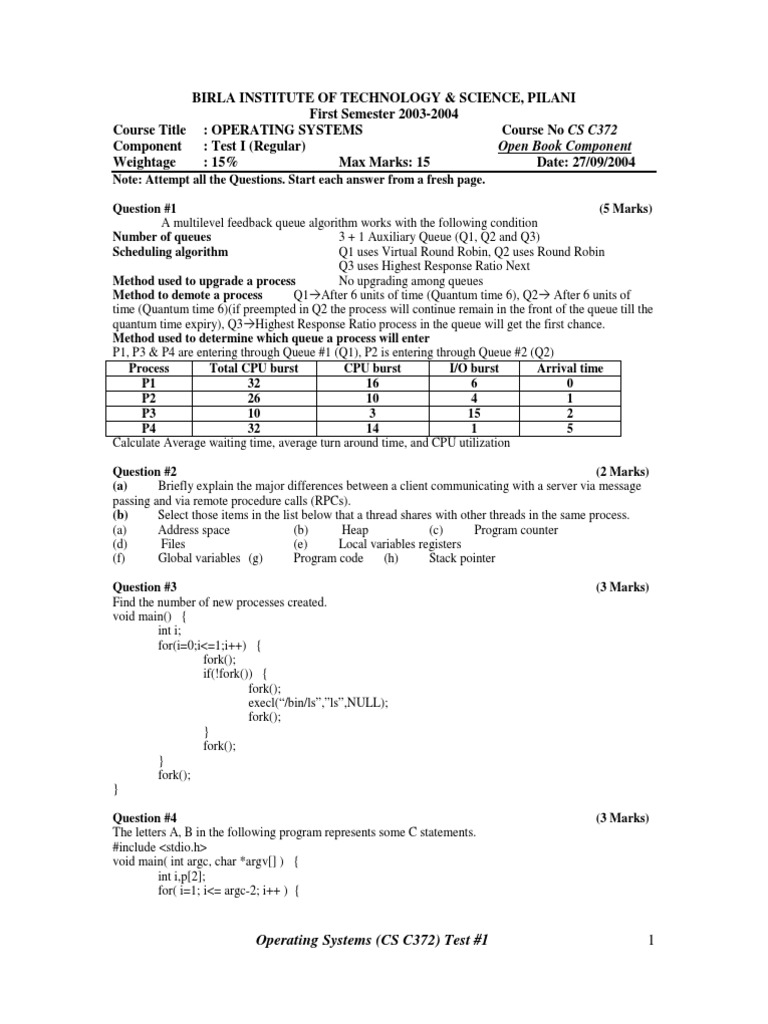 Operating Systems Cs C372 Test 1 Pdf Software Engineering Areas Of Computer Science