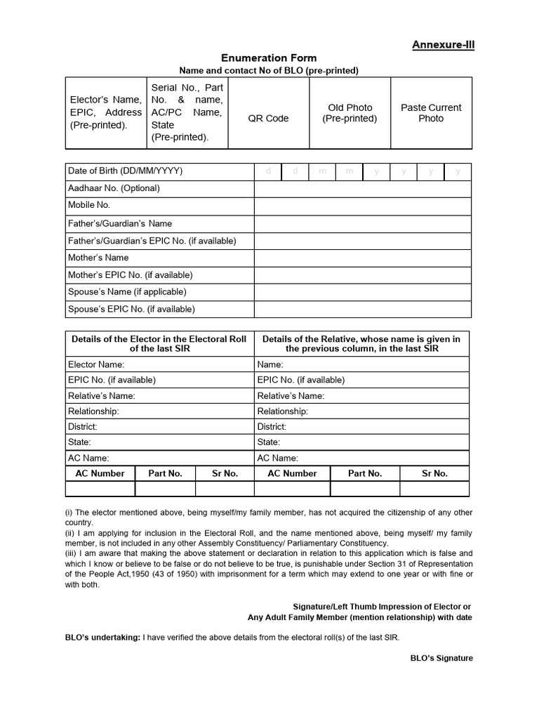 Enumeration Form - SIR - English | PDF | Birth Certificate | Identity ...