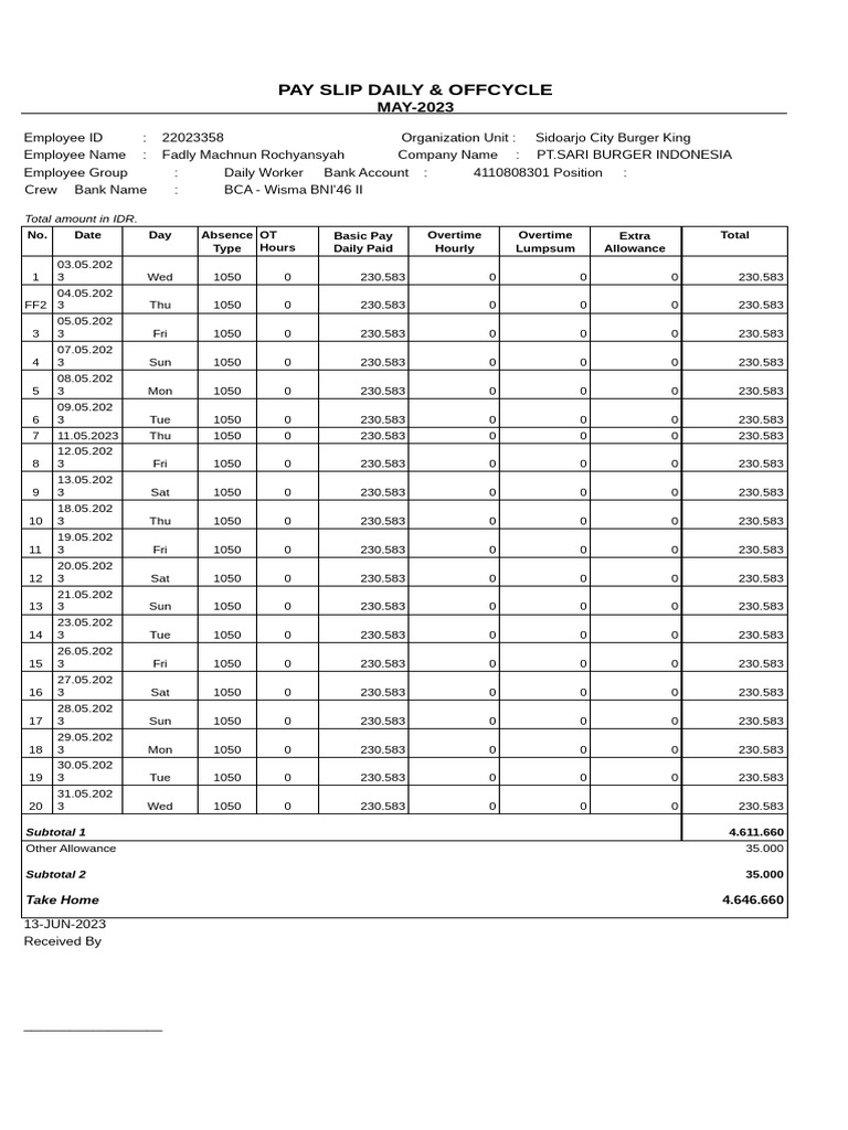 Pay Slip Daily & Offcycle: Total Amount in IDR | PDF | Working Time ...