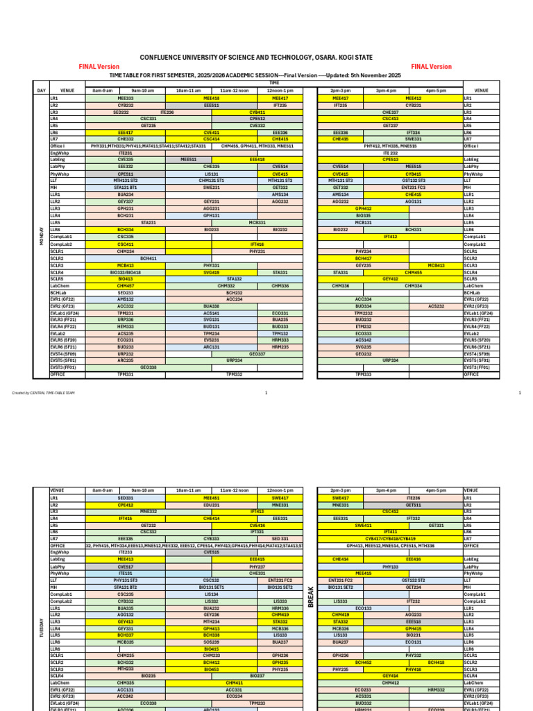 2025-2026 First Semester Lecture Time-Table FINAL | PDF