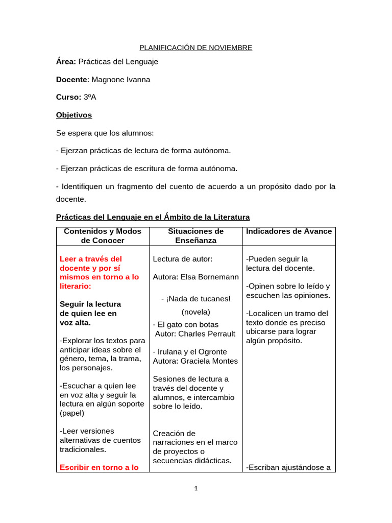 Planificación Noviembre 3ºA Lengua | PDF | Narración | Escritura