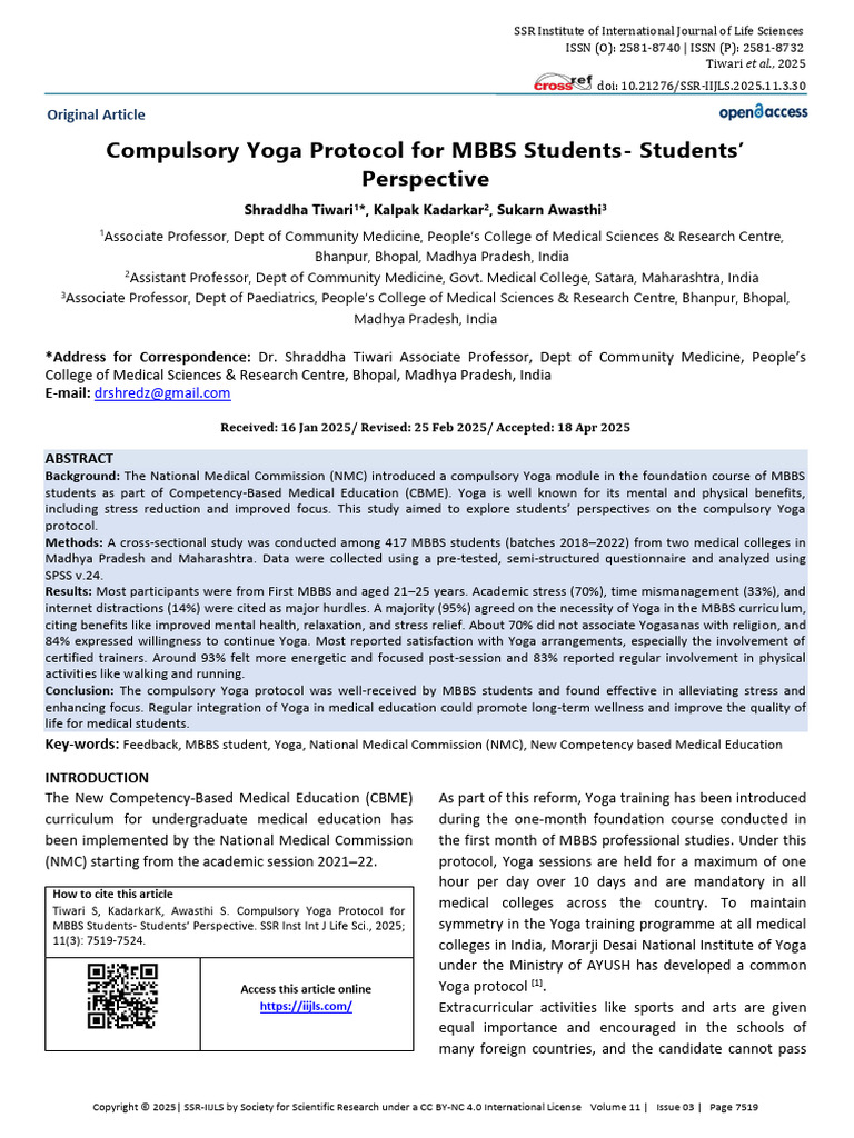 Compulsory Yoga Protocol MBBS Students Perspective | PDF | Relaxation ...