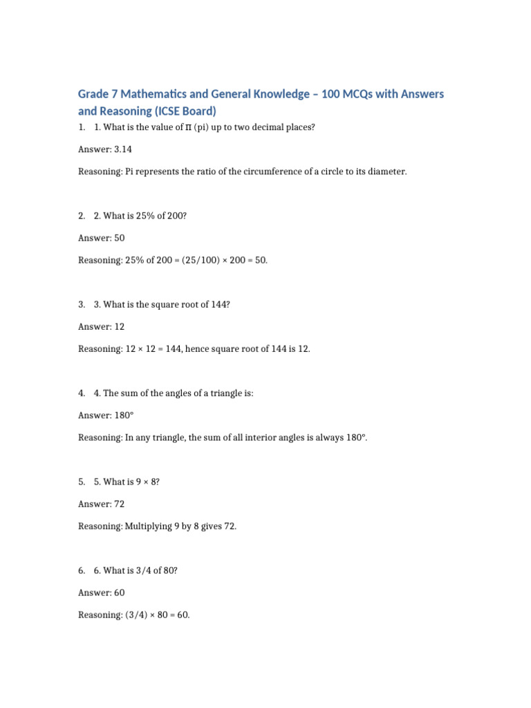 Grade 7 Math MCQs with Answers | PDF | Triangle | Pi