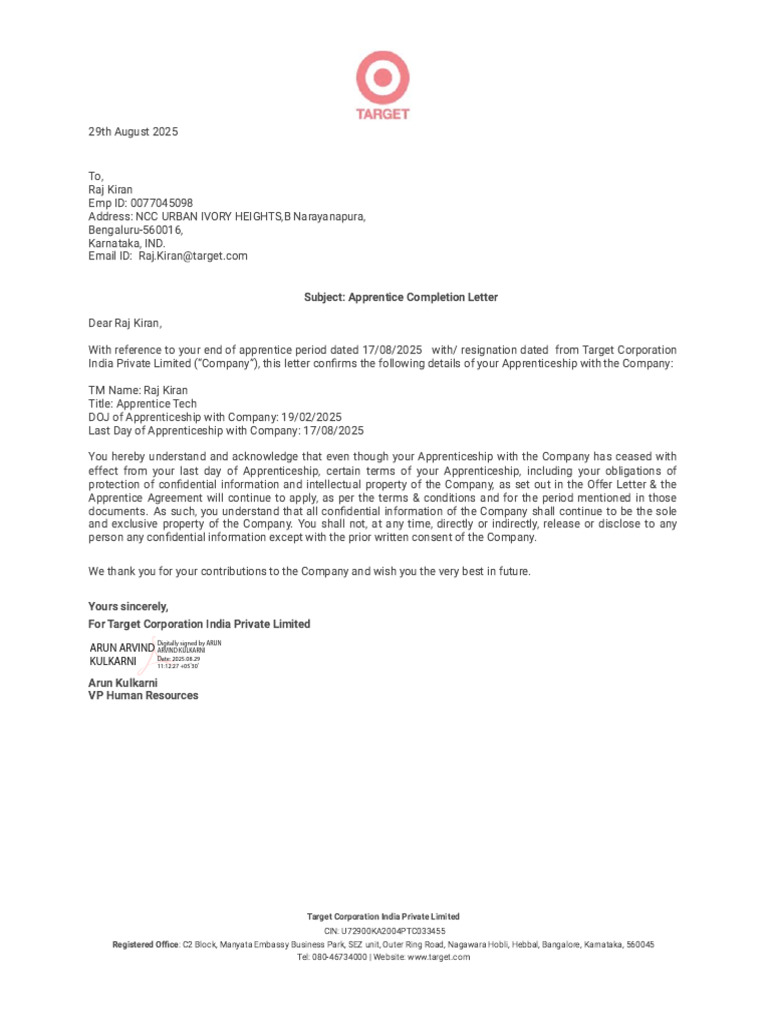 Target India Apprentice Completion Letter | PDF