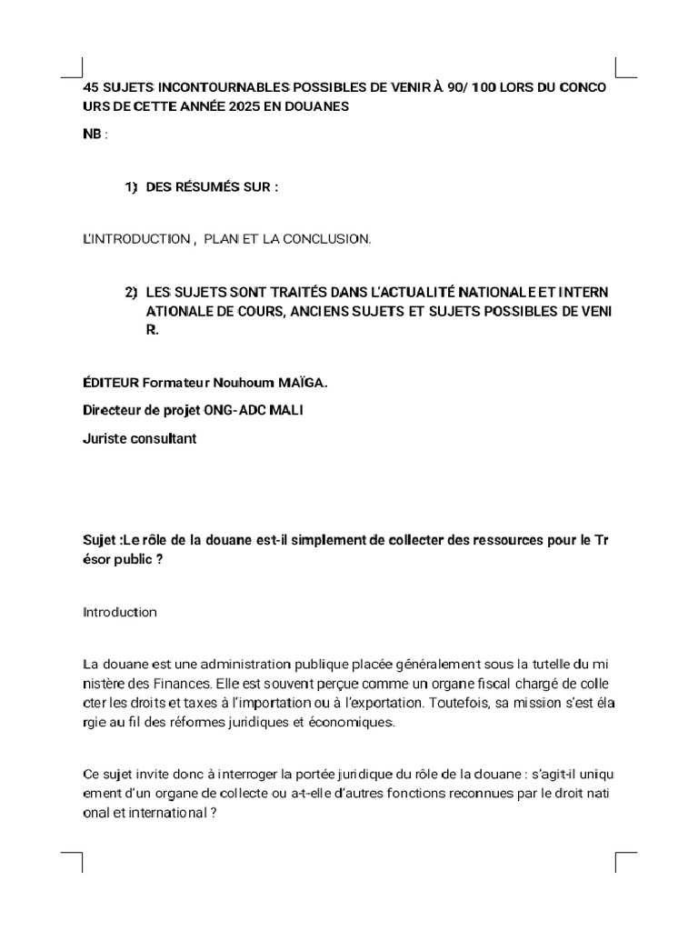 Exemple 45 Sujets Traités Douanes - Phoenix | PDF