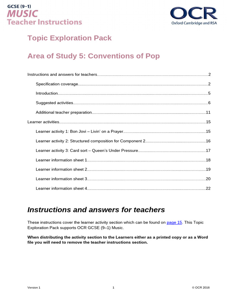 Conventions of Pop Topic Exploration Pack Teacher Booklet | PDF | Rock ...