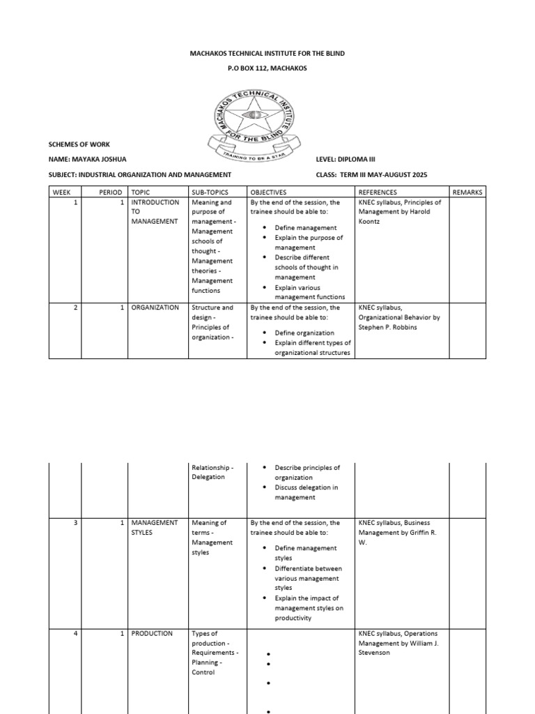 Schemes of Work-Indusrial Management Organization 2025 | PDF | Economics | Business Economics