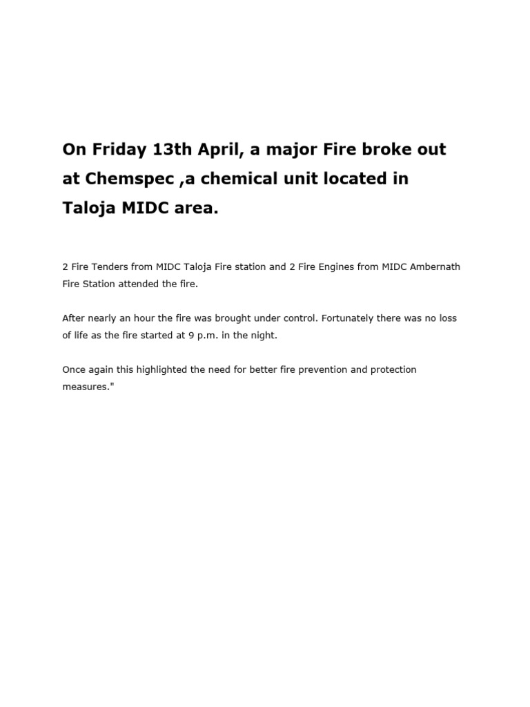 Taloja Chemical Unit Fire Incident Report | PDF