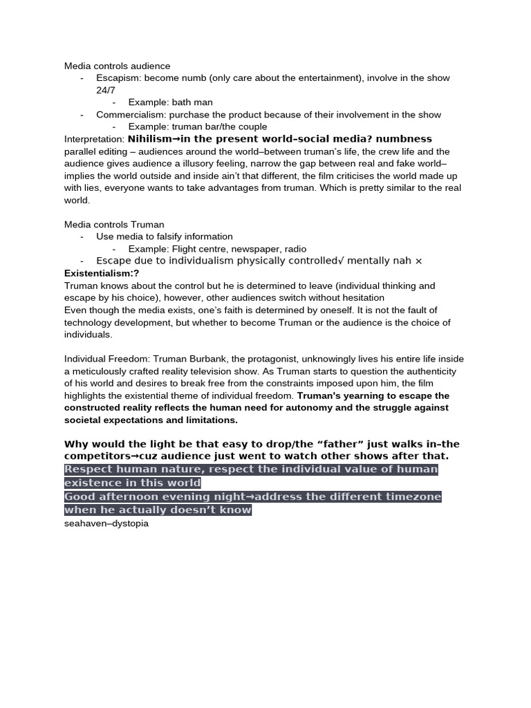 Media Control and Individual Freedom in The Truman Show | PDF ...