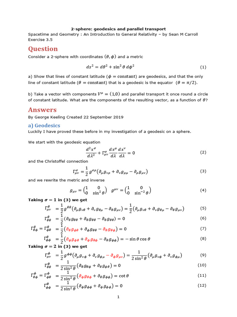 Ex 3.05 2-Sphere Geodesics and Parallel Transport | PDF | Sphere | Latitude