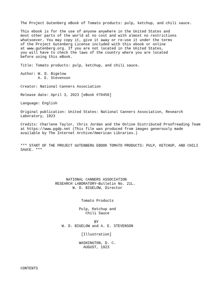 Tomato Products: Pulp, Ketchup, and Chili Sauce. by W. D. Bigelow Et Al ...