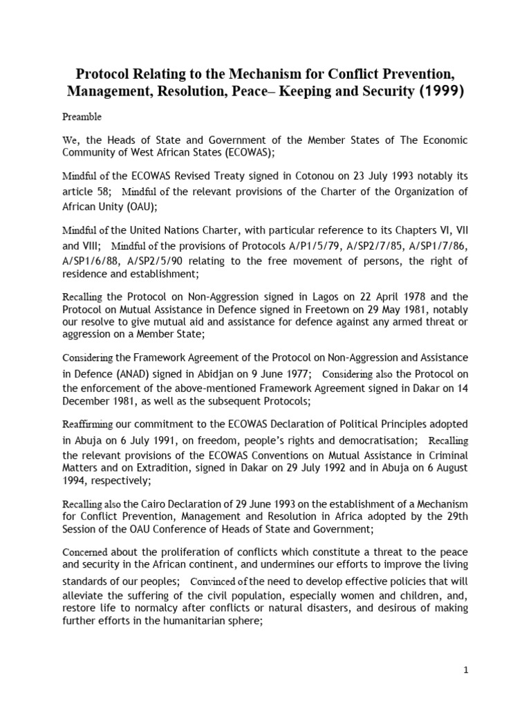 Protocol Relating To The Mechanism For Conflict Prevention Management ...