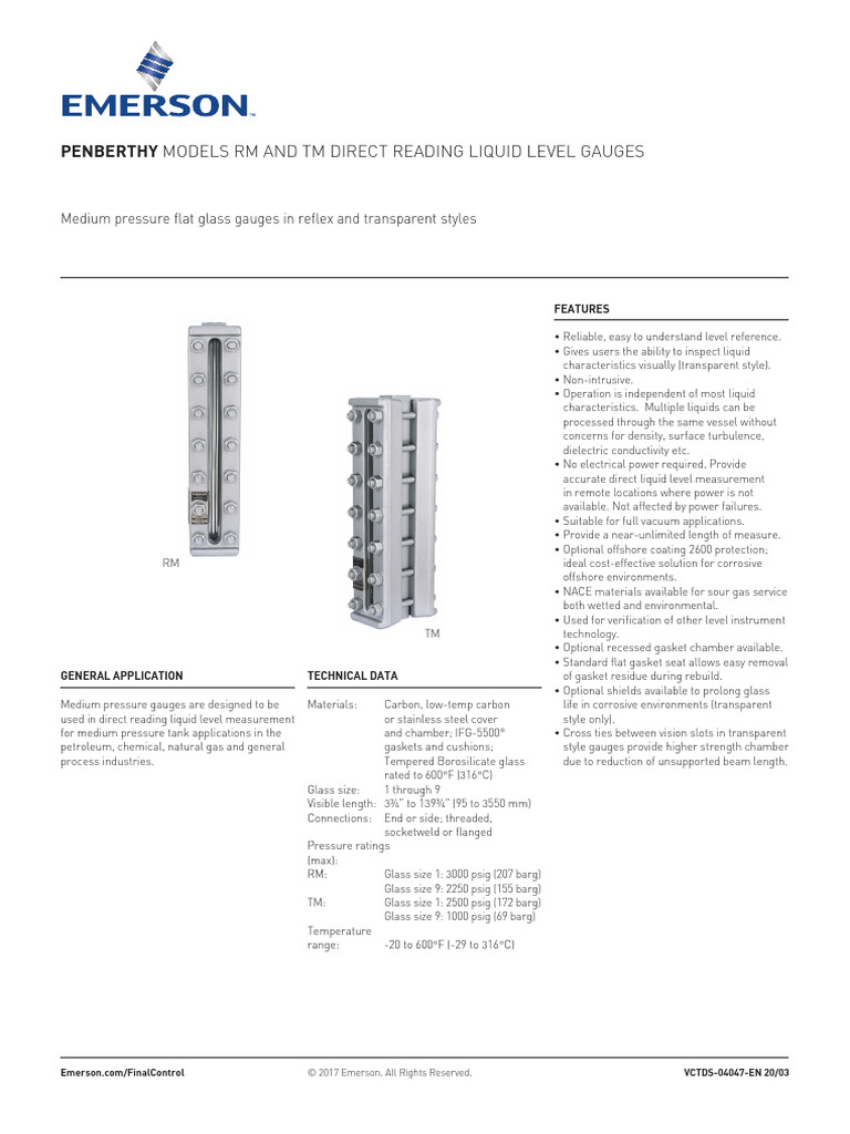 Data Sheets Models Rm Tm Direct Reading Liquid Level Gages Penberthy en ...
