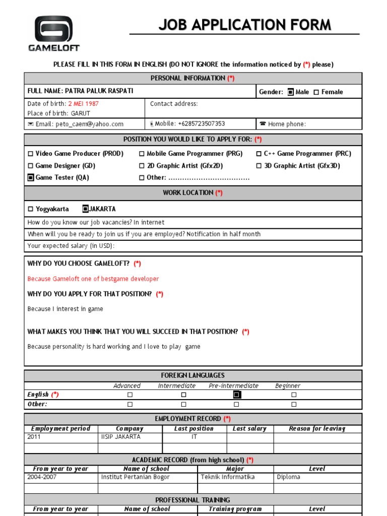 Gameloft Job Application Form Indo | PDF | Video Games | Software