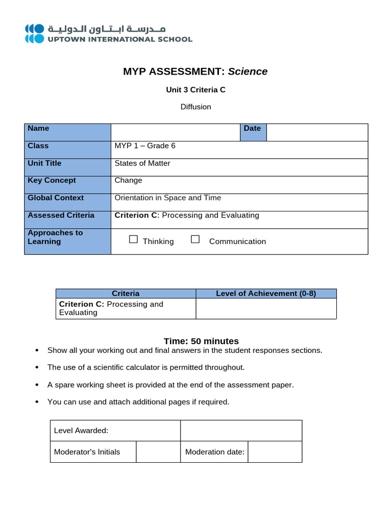 MYP Science Assessment: Diffusion Analysis | PDF