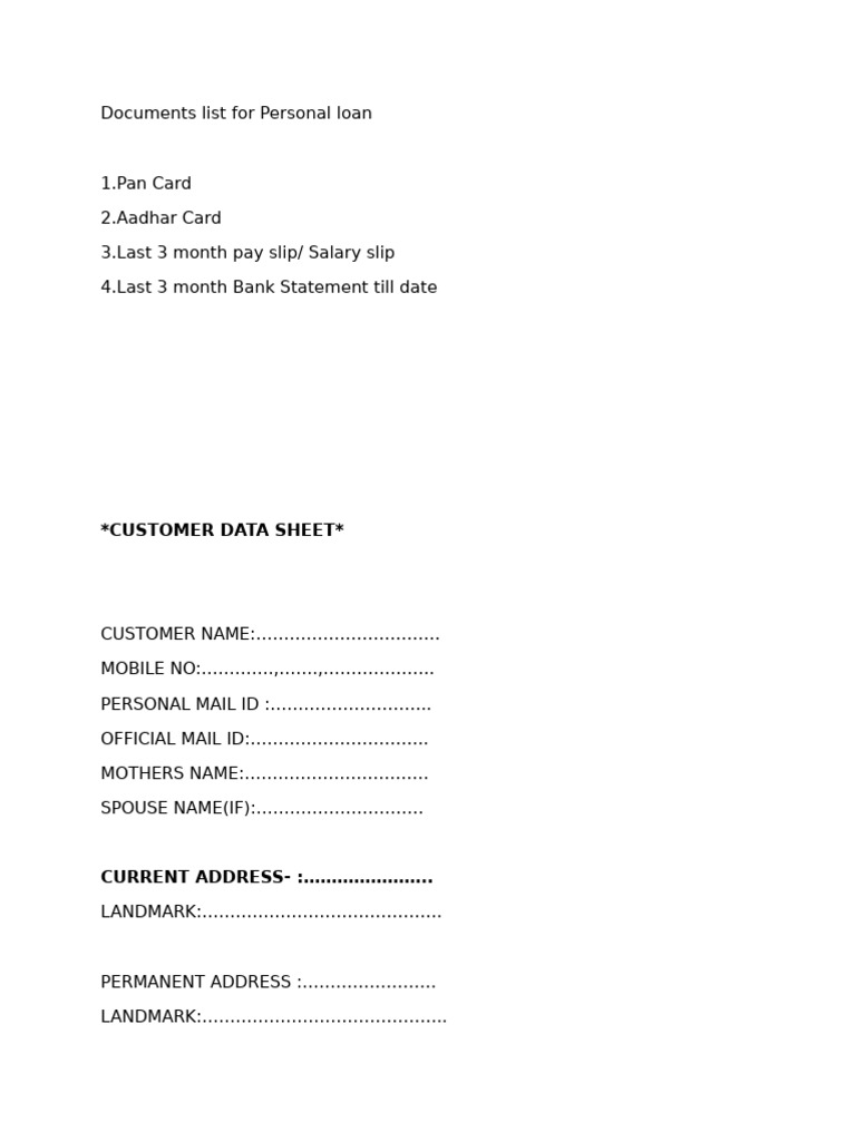 Personal Loan Documents List | PDF