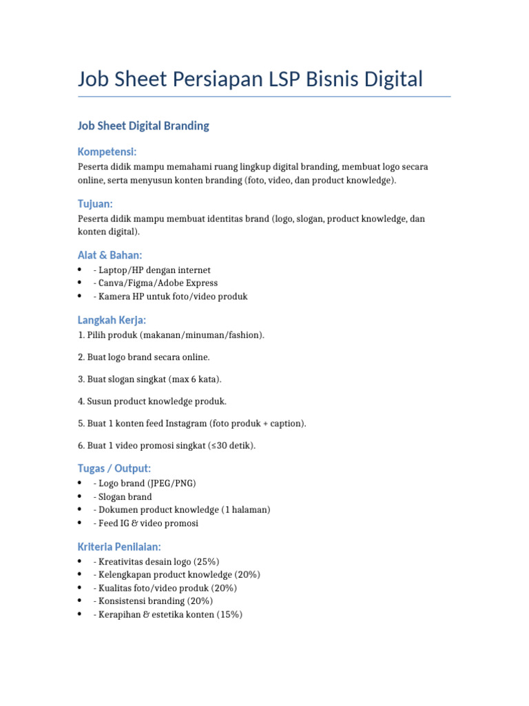 Job Sheet Digital Branding dan Marketing | PDF