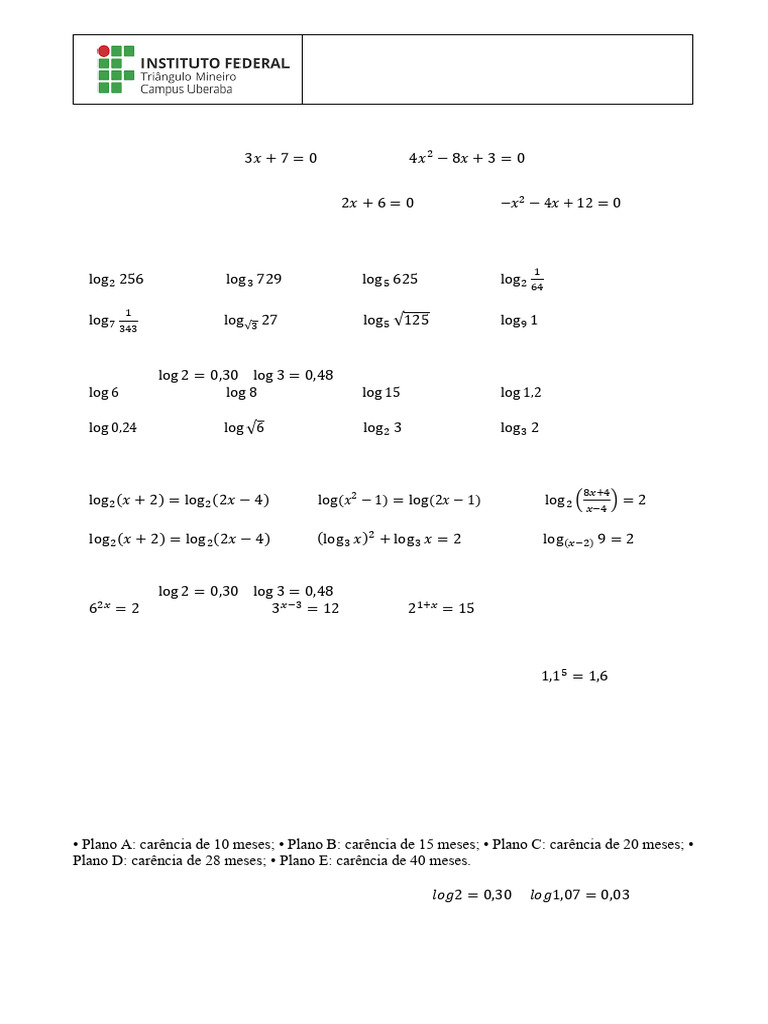 Lista de Exercícios - 1 Ano - Logaritmos | PDF | Juros