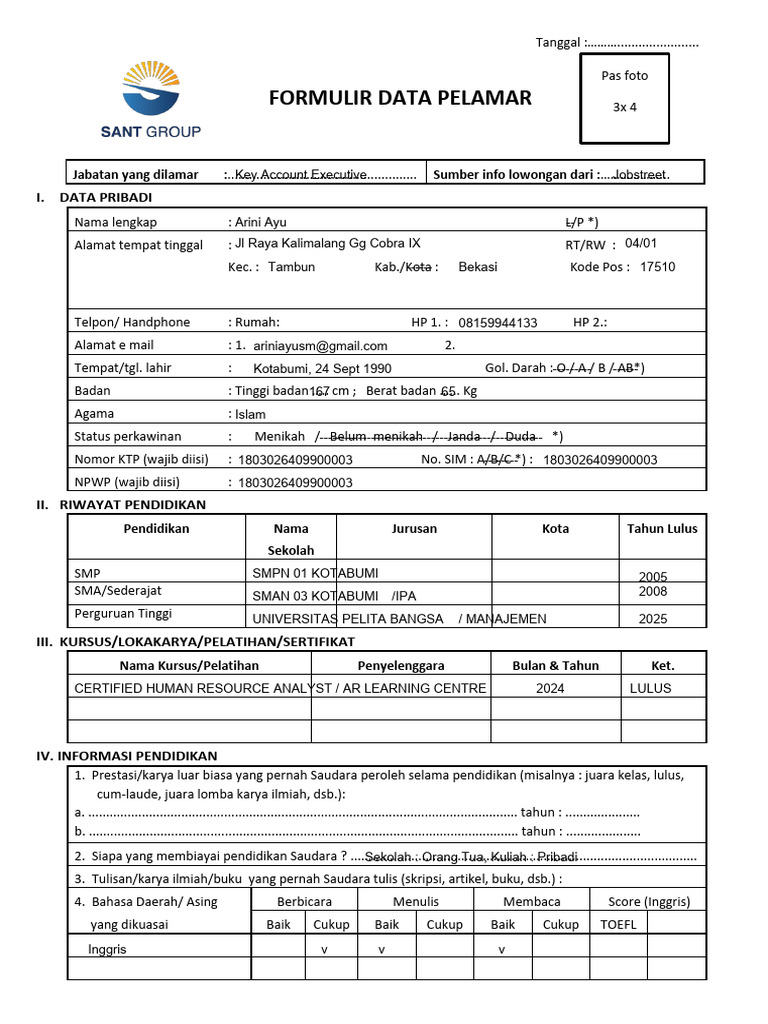 Formulir Data Pelamar PT. Sant Group Indonesia-Arini | PDF
