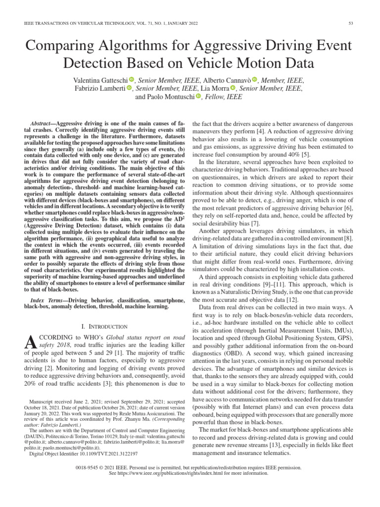 Aggressive Driving Detection Algorithms Comparison | PDF | Support ...