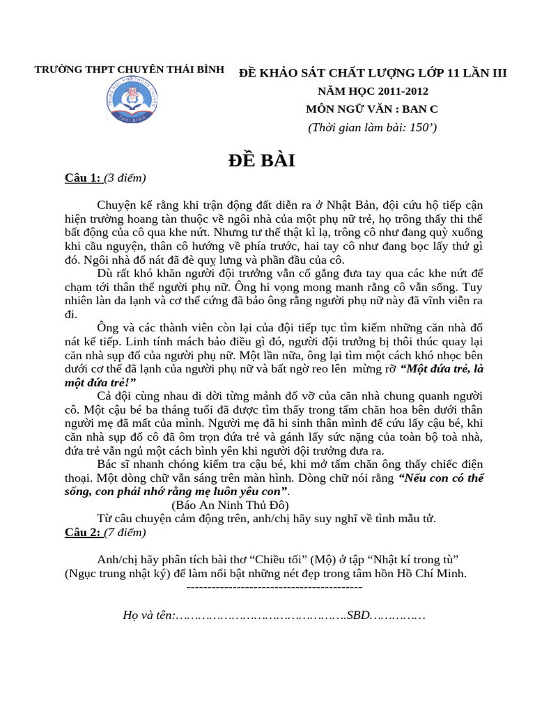 De Khao Sat PB Lan 3 Nam 2012 Mon Van Khoi 11 Ban C | PDF