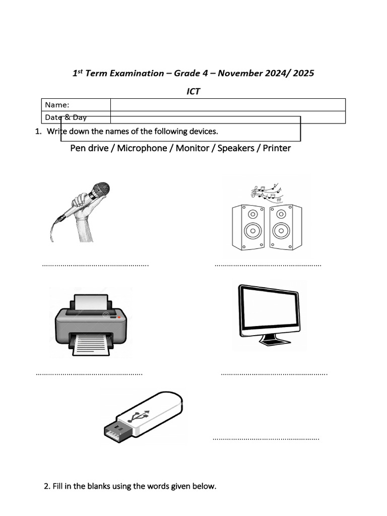 1st 1 Term ICT Examination Grade 4 2024 2025 | PDF | Computer Hardware | Office Equipment