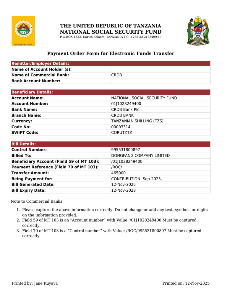 CRDB Bank - 995531800897 - NSSF Payment Order Form - 2025-11-12 | PDF