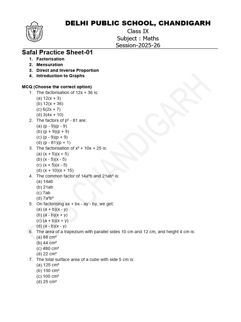 Class IX Maths Practice Sheet 2025-26 | PDF | Cartesian Coordinate ...
