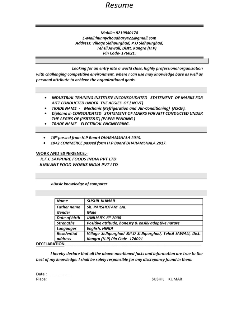 Entry-Level Resume for Sushil Kumar | PDF