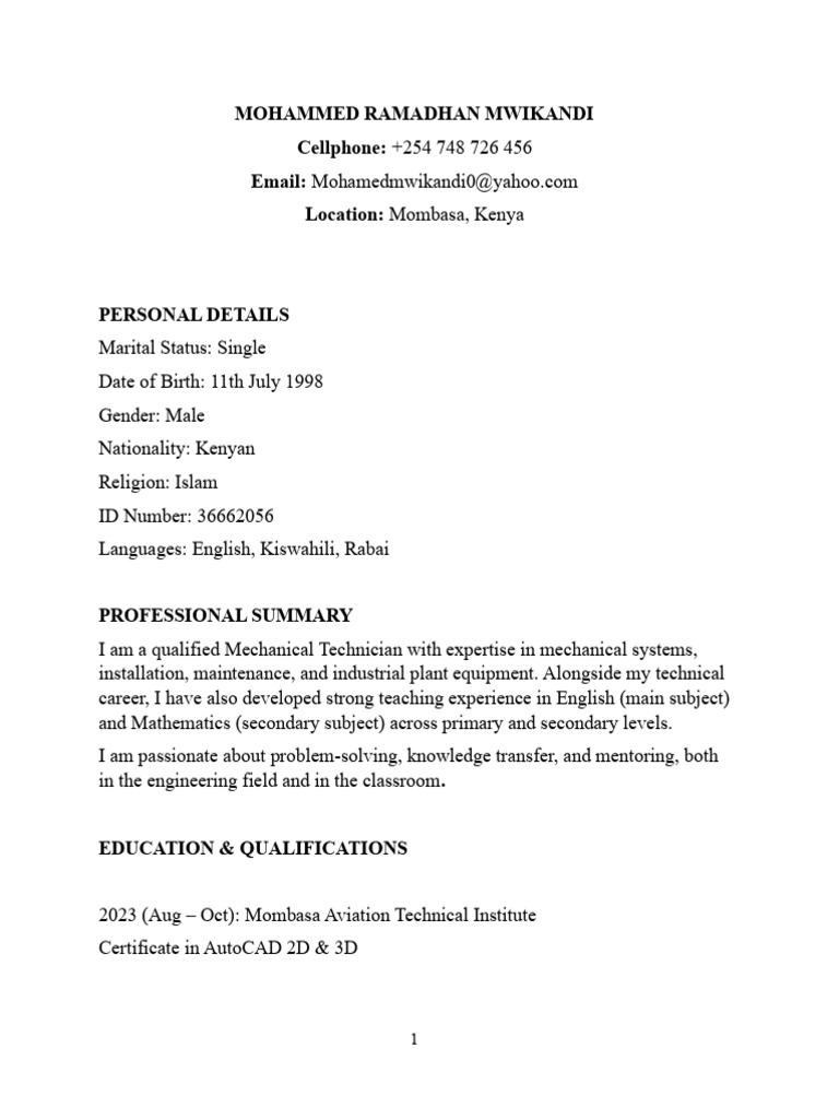 Ramadhani Mwikandi CV | PDF | Mentorship | Kenya