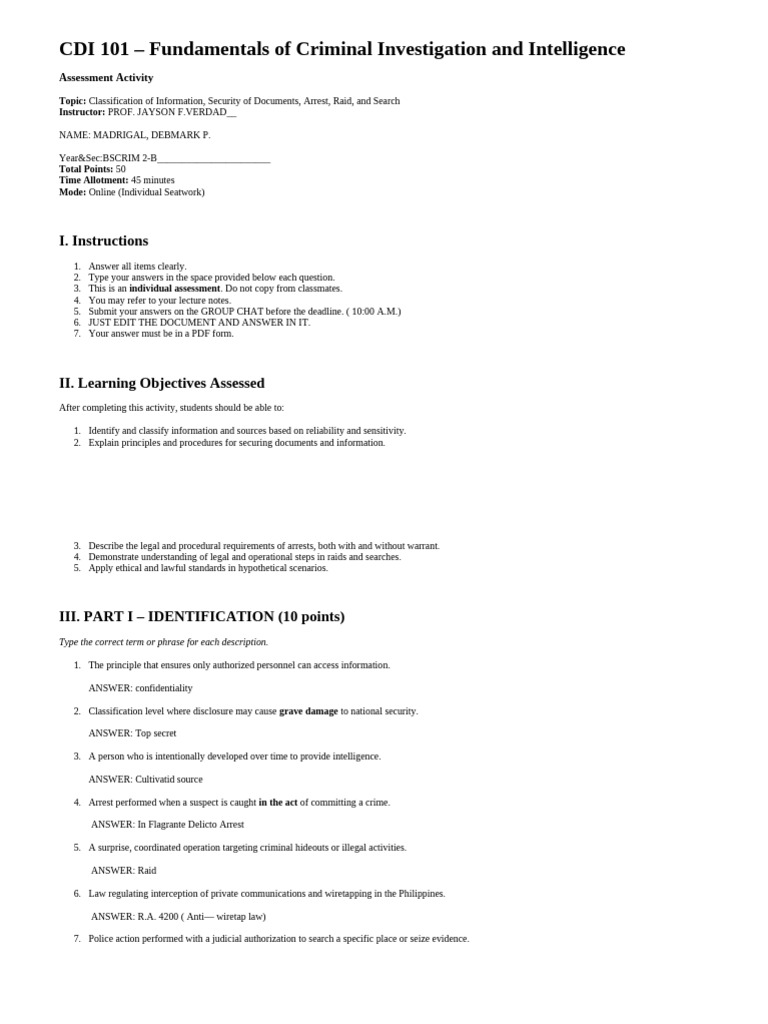 Cdi 101 Assessment Activity Part IV | PDF | Search Warrant | Arrest