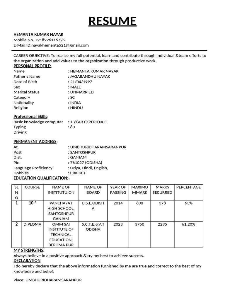 Hemanta Kumar Nayak Resume | PDF