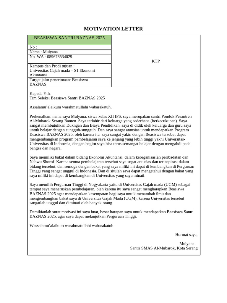 Motivation Letter - Mulyana | PDF