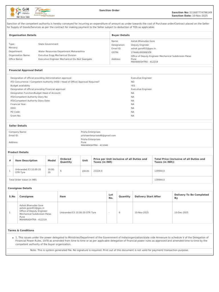 Sanction Order for OTR Tyre Purchase | PDF | Prices | Business