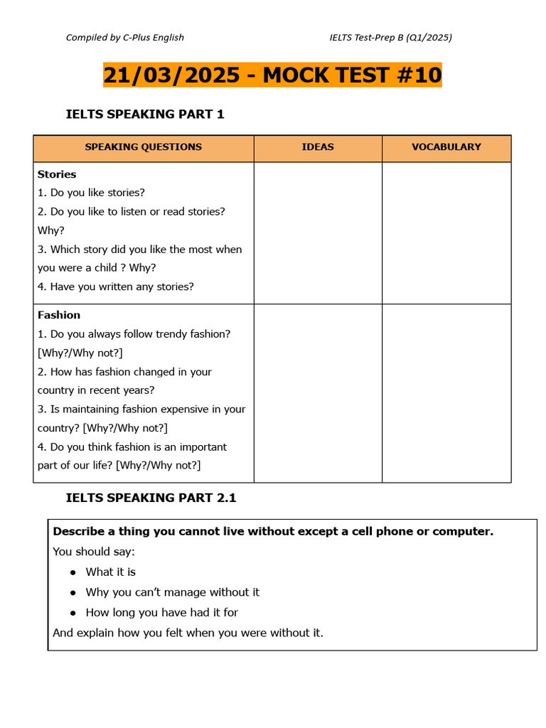 (TPB) Test Prep Speaking Mock Test #10 | PDF