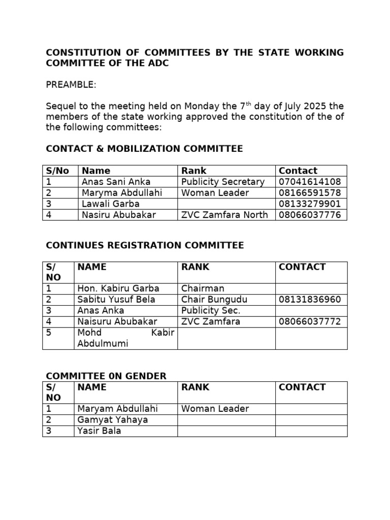 Constitution of Committees by The State Working Committee of The Adc | PDF