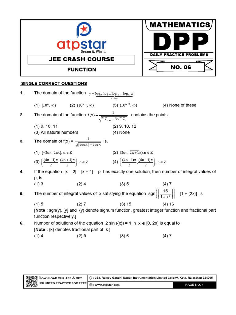 JEE Crash Course Daily Practice Problems | PDF | Function (Mathematics ...