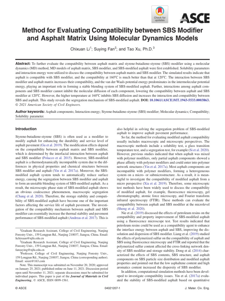 Li Et Al 2021 Method For Evaluating Compatibility Between Sbs Modifier and Asphalt Matrix Using ...
